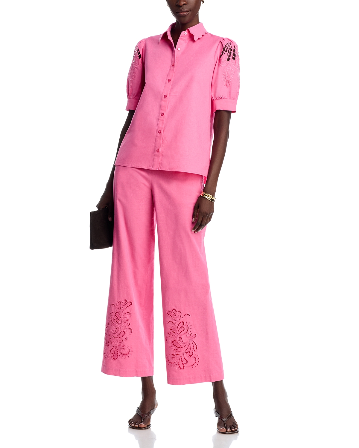 T TAHARI Embroidered Sleeve Button-Down Blouse